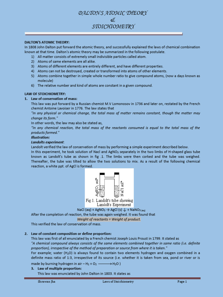 Daltons Atomic Theory Stoichiometry | PDF | Stoichiometry | Chlorine