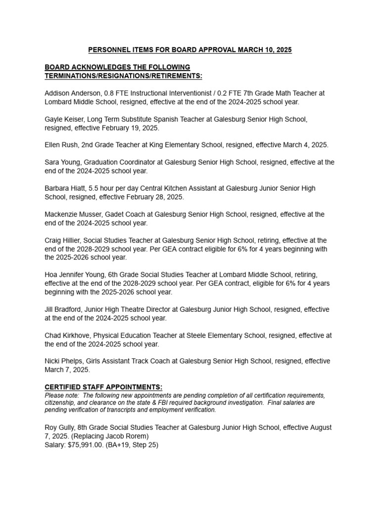 District 205 March 2025 Personnel Agenda | PDF | Teaching | Schools