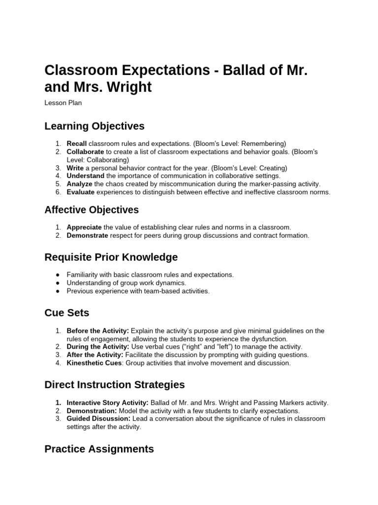 Classroom Expectations - Ballad of Mr. and Mrs. Wright Lesson Plan ...