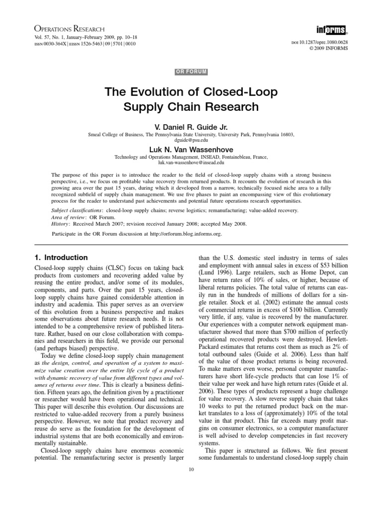 The Evolution of Closed-Loop Supply Chain Research: V. Daniel R. Guide ...