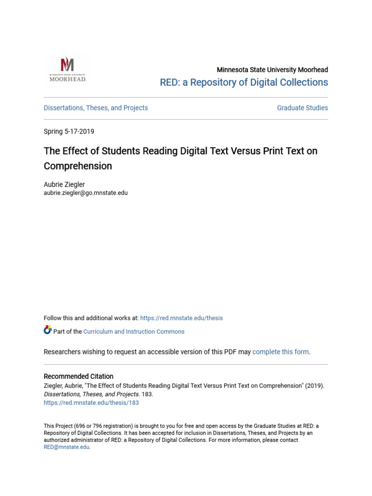 The Effect of Students Reading Digital Text Versus Print Text On | PDF ...