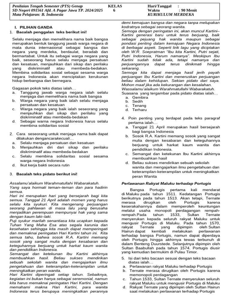 Soal Uts Bi Kelas 6 091561 | PDF