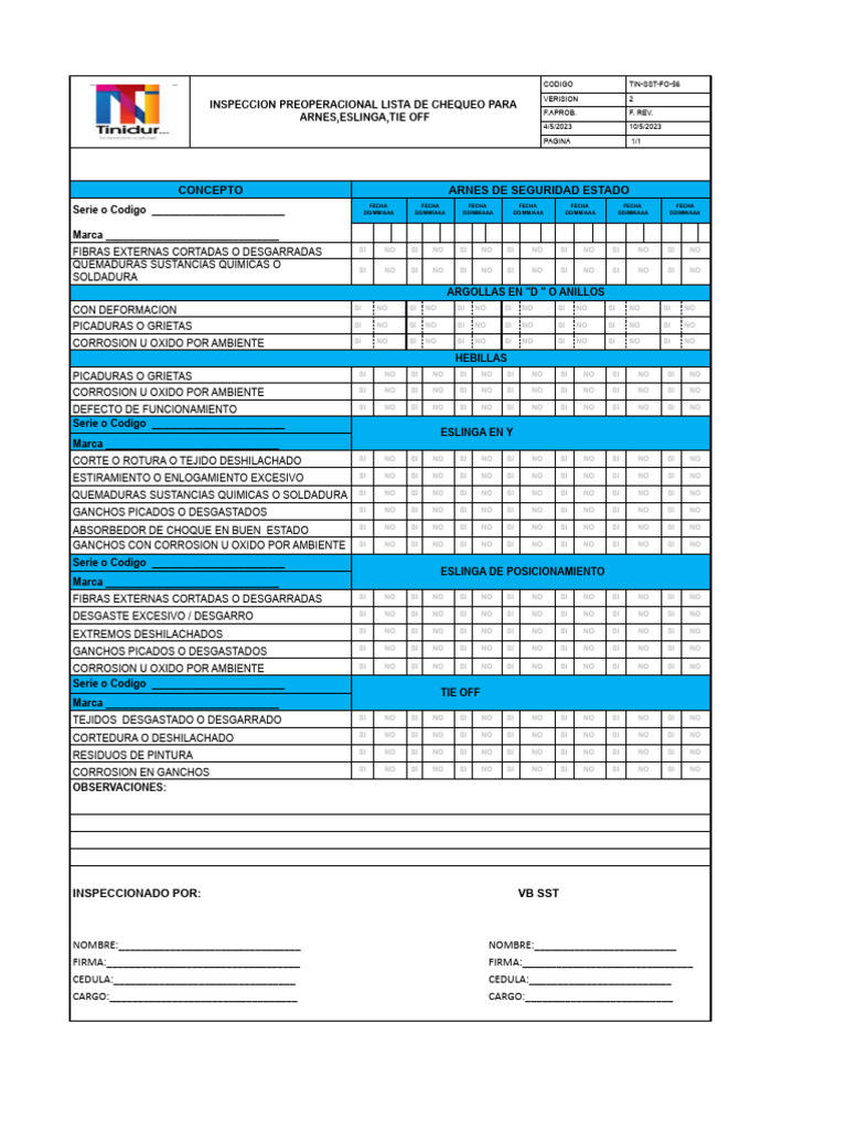 Lista de Chequeo de Inspección de Arnés y Eslinga | PDF | Materiales ...