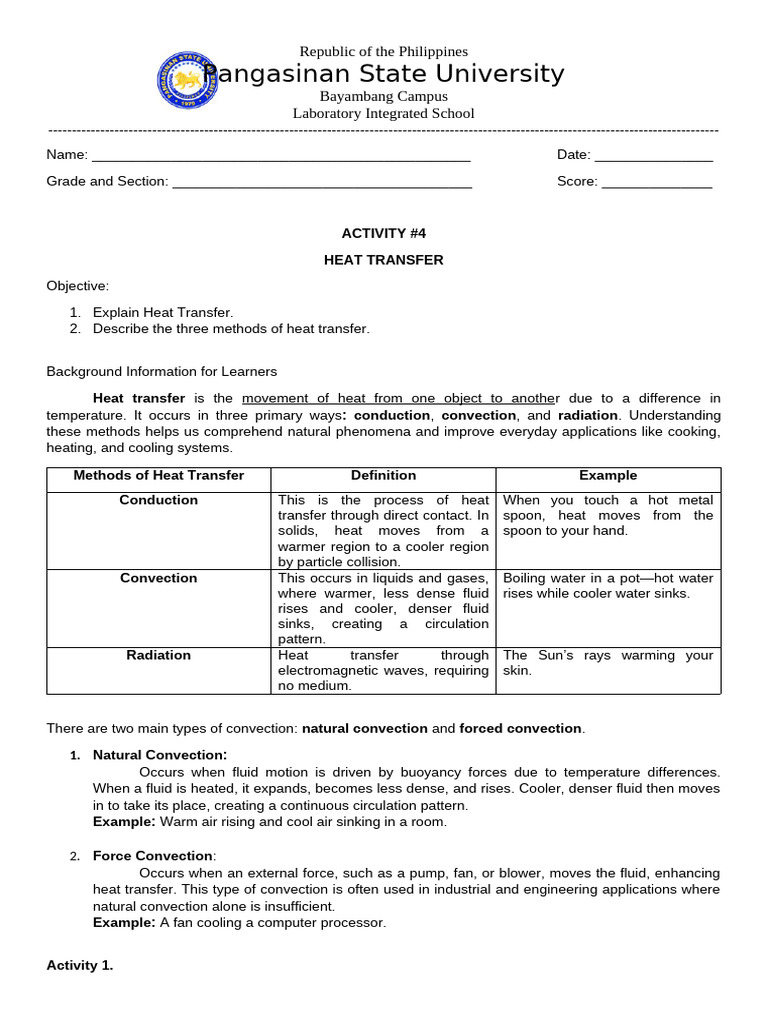 Activity - 1 - Heat Transfer | PDF | Heat Transfer | Convection