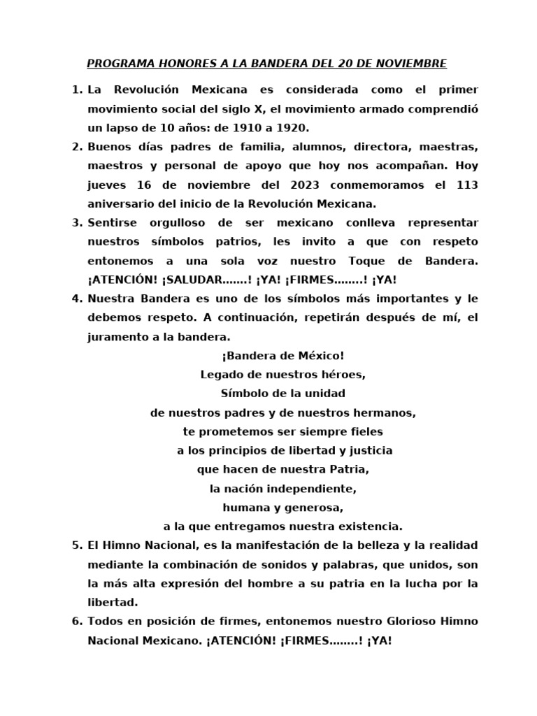 PROGRAMA HONORES A LA BANDERA DEL 20 DE NOVIEMBRE | PDF | México