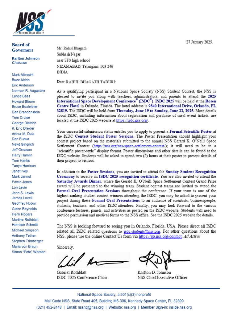 ISDC Student Invite Letter Form-1 | PDF | Outer Space | Spaceflight