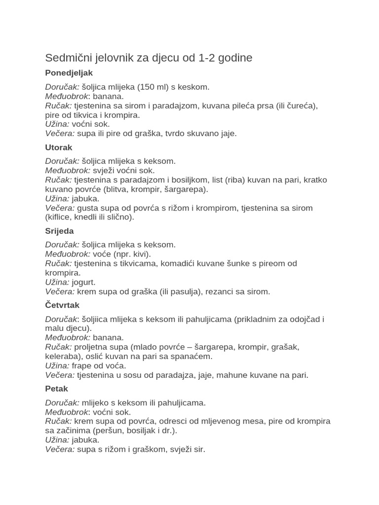 Sedmični Jelovnik Za Djecu Od 1 | PDF