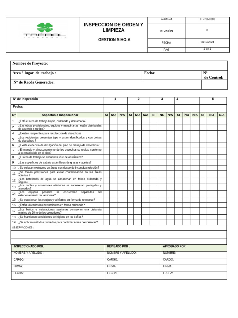 Formato INSPECCION DE ORDEN Y LIMPIEZA | PDF | Residuos