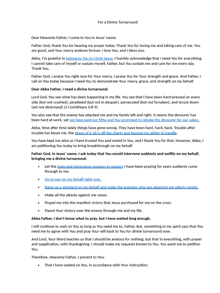 Prayer For A Divine Turnaround | PDF | God The Father | Prayer
