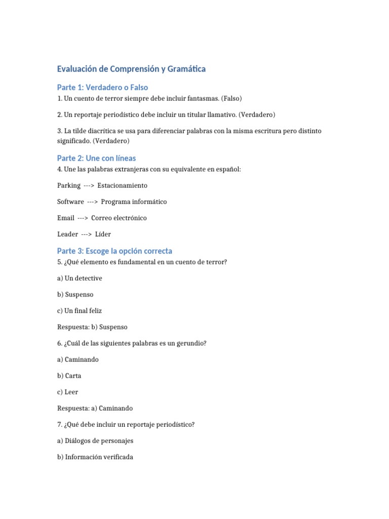 Evaluación de Gramática y Comprensión | PDF