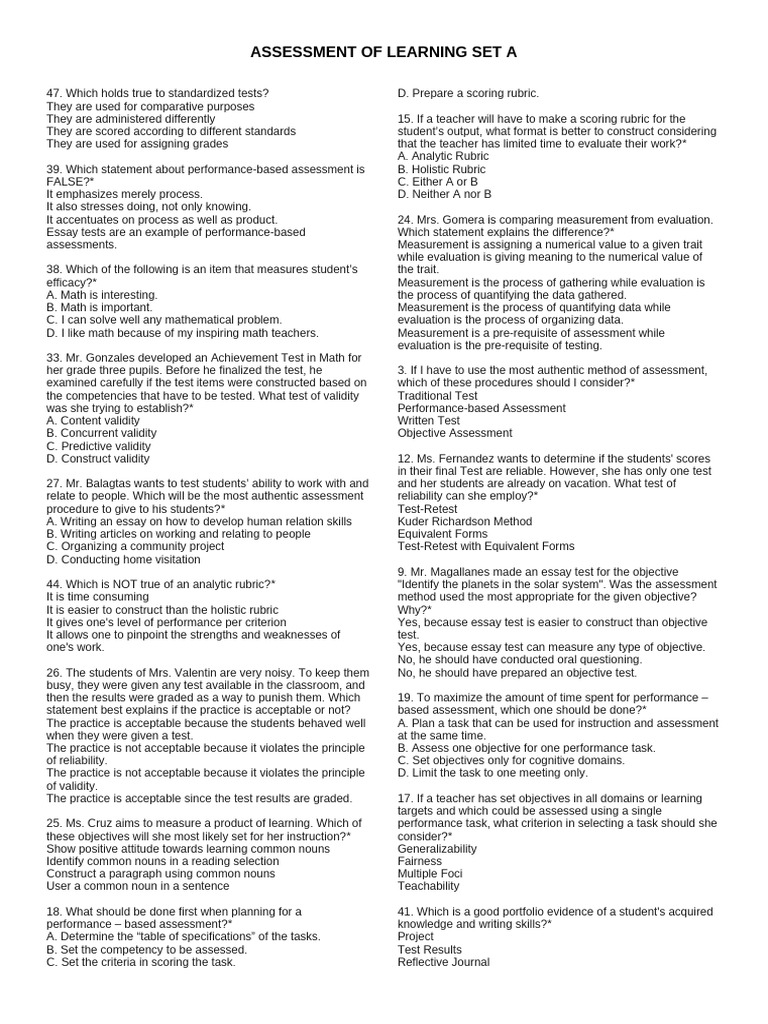 Questionnaire Assessment Set A | PDF | Educational Assessment ...