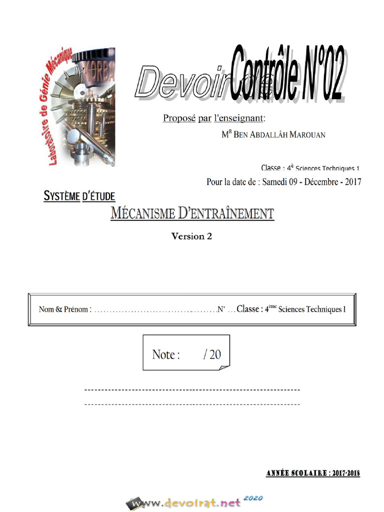 Devoir de Contrôle N°2 Avec Correction - Génie Mécanique - Mécanisme D'entraînement GII - Bac ...
