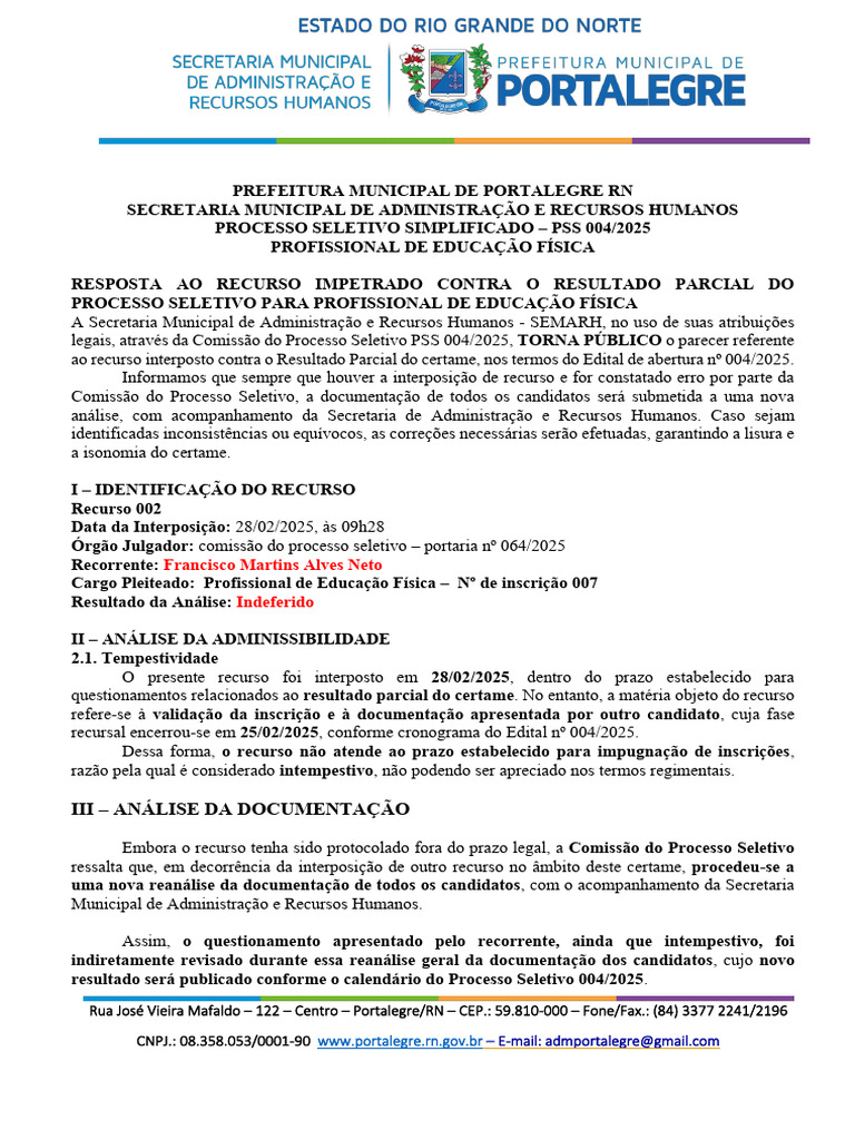 Processo Seletivo Para Contratacao Temporaria Pss0042025 Recurso 2025 0000001 | PDF | Gestão de ...