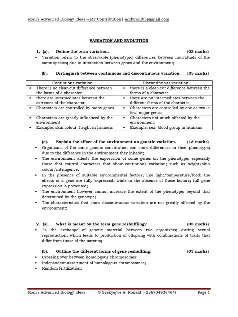 Roni - Variation and Evolution Solutions | PDF | Meiosis | Zygosity