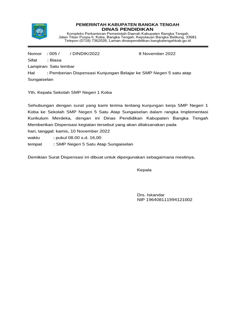 CONTOH FORMAT SURAT DINAS_ SURAT DISPENSASI SEKOLAH | PDF