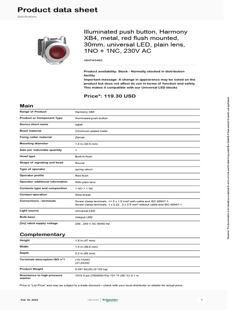Schneider Electric_Harmony-XB4-ZB4-Metal-Push-Buttons_XB4FW34M5 | PDF ...
