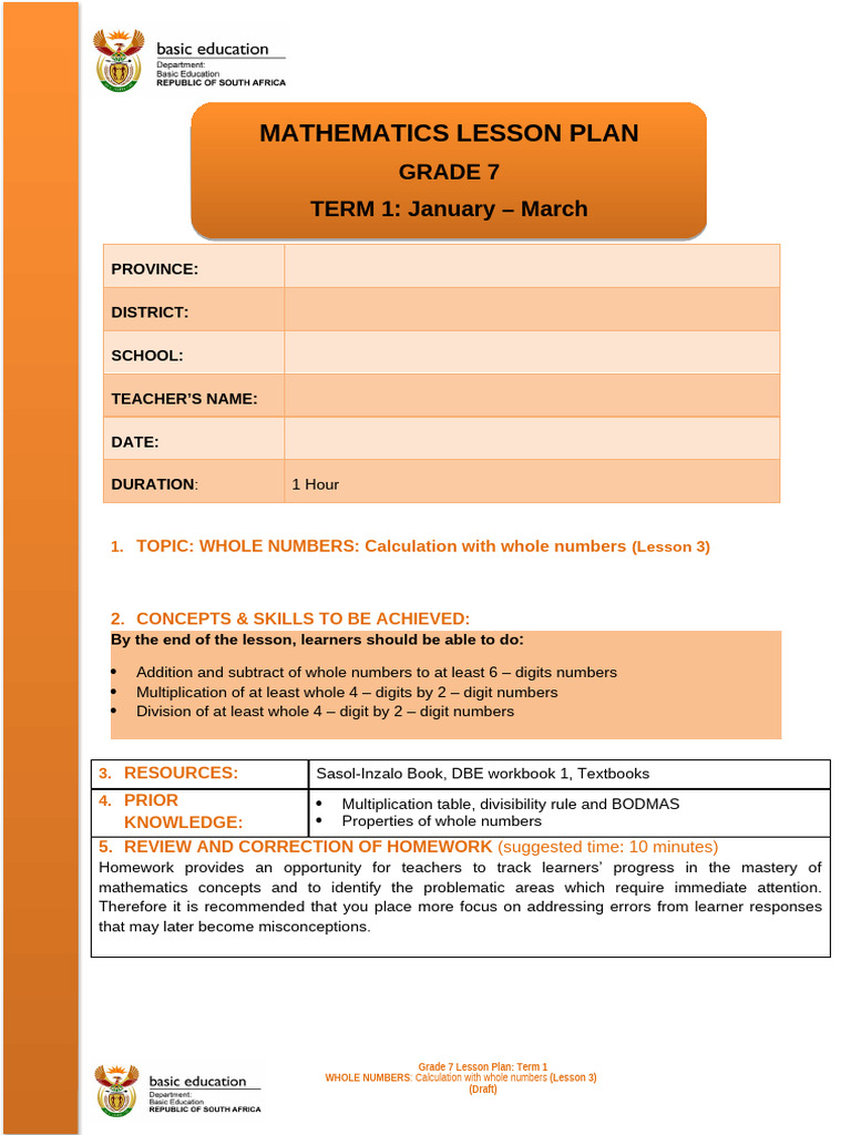 Grade 7 Term 1 WHOLE NUMBERS Lesson 3 | PDF | Learning | Integer