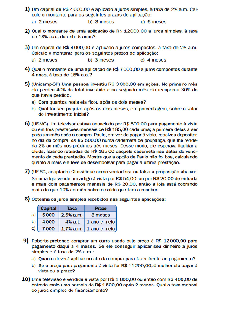 6 - Atividade Sobre Juros Simples | PDF
