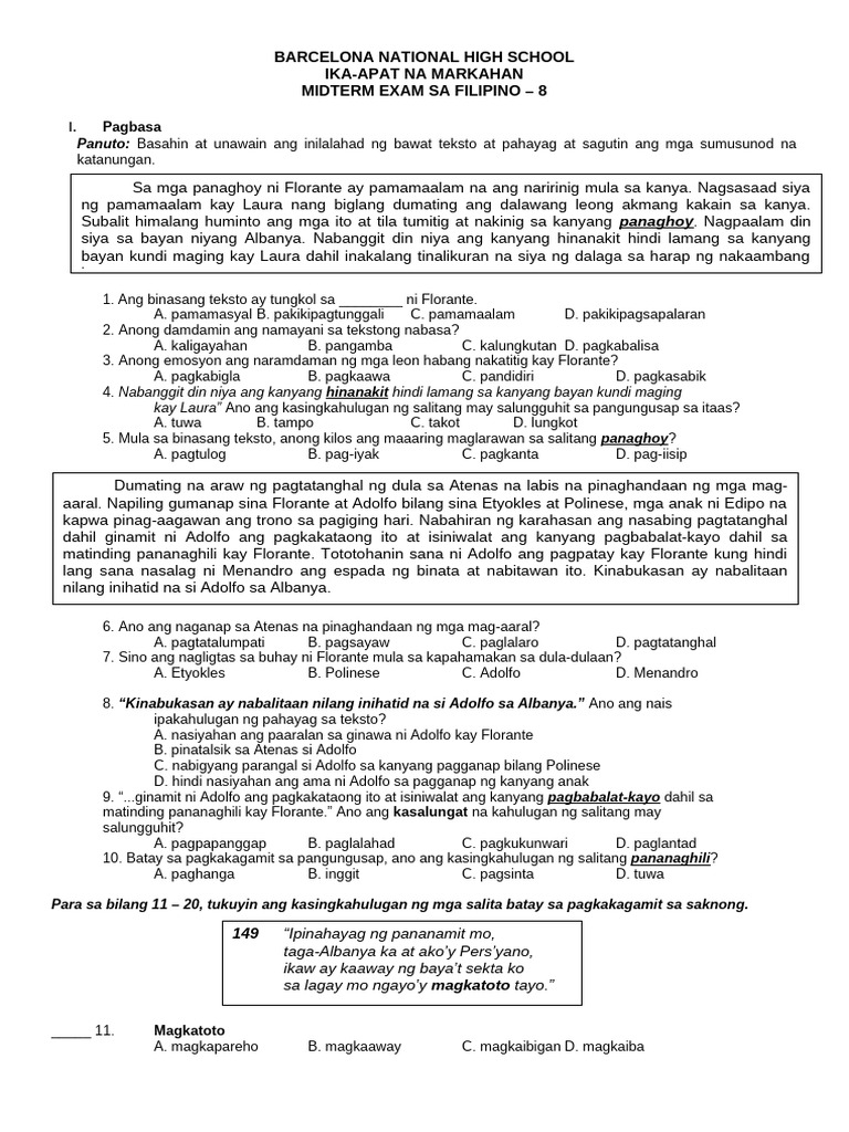 Filipino 8 Final Midterm Exam | PDF