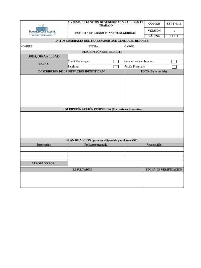 SST-F-0013 Formato de Reporte de Condiciones de Seguridad | PDF