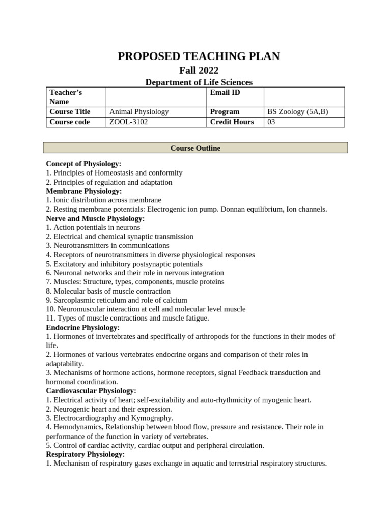 Animal Physiology Course 16 Week Plan | PDF | Nervous System | Hormone