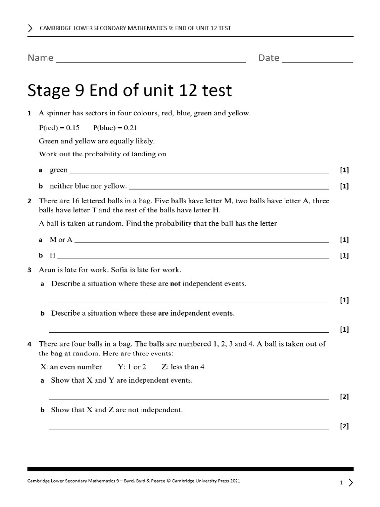 Stage 9 Math Test - Probability - Spinners, Balls, Events | PDF