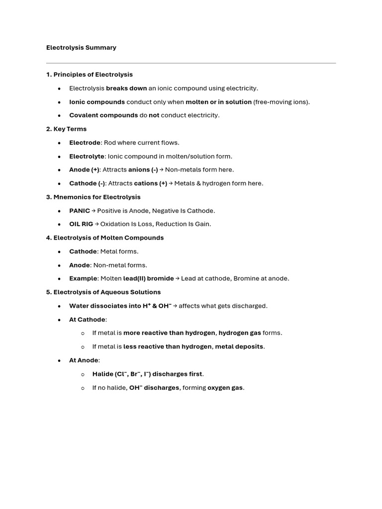 Electrolysis Summary | PDF
