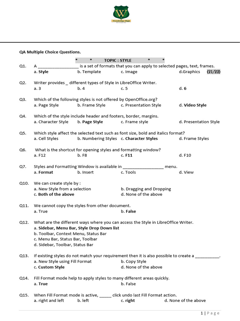 LibreOffice Writer Style Quiz Questions | PDF | Image Scanner | Page Layout