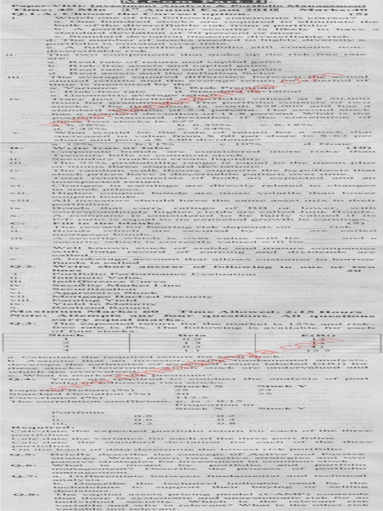 Sargodha University Past Papers 2010 MCom Part 2 Investment Analysis and Portfolio Management ...