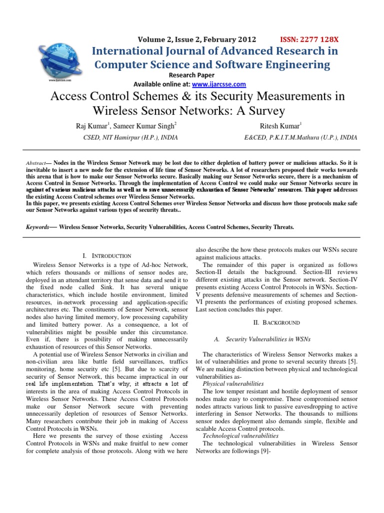 Access Control Schemes & Its Security Measurements in Wireless Sensor Networks: A Survey | PDF ...