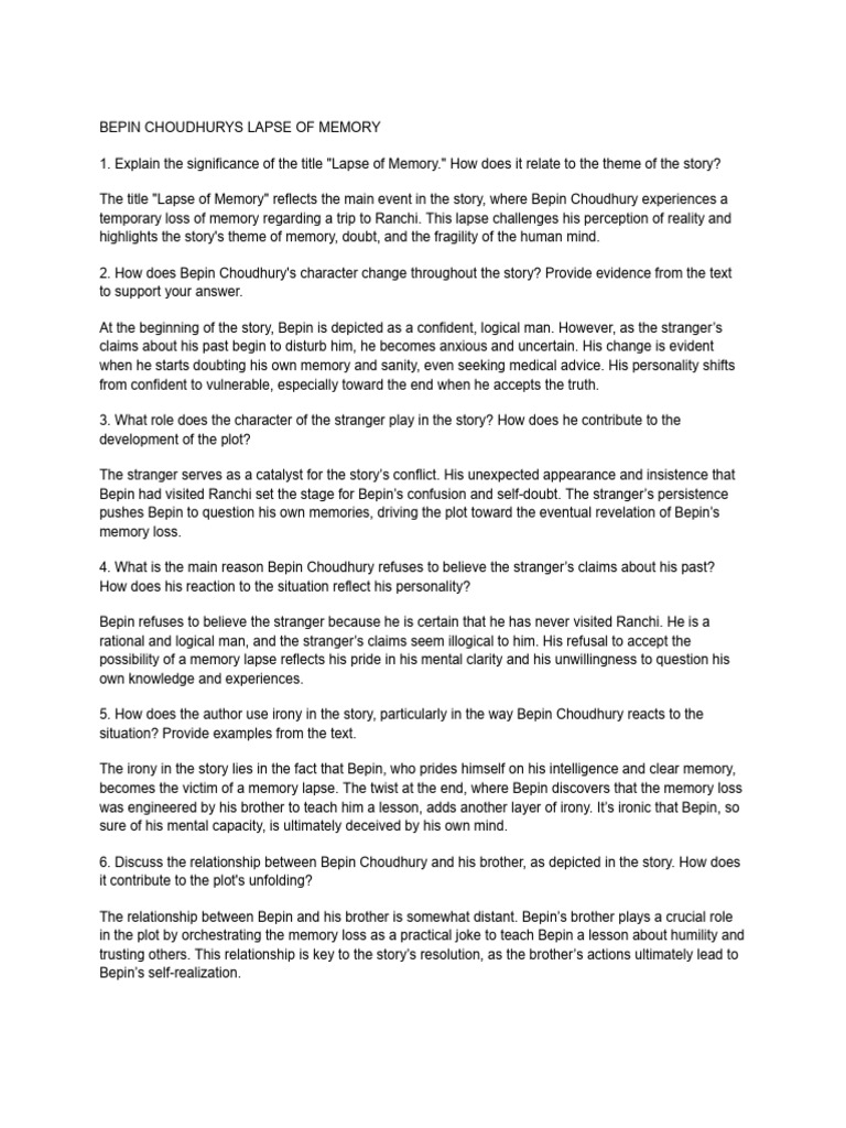 Bepin Choudhurys Lapse of Memory | PDF | Psychological Resilience ...