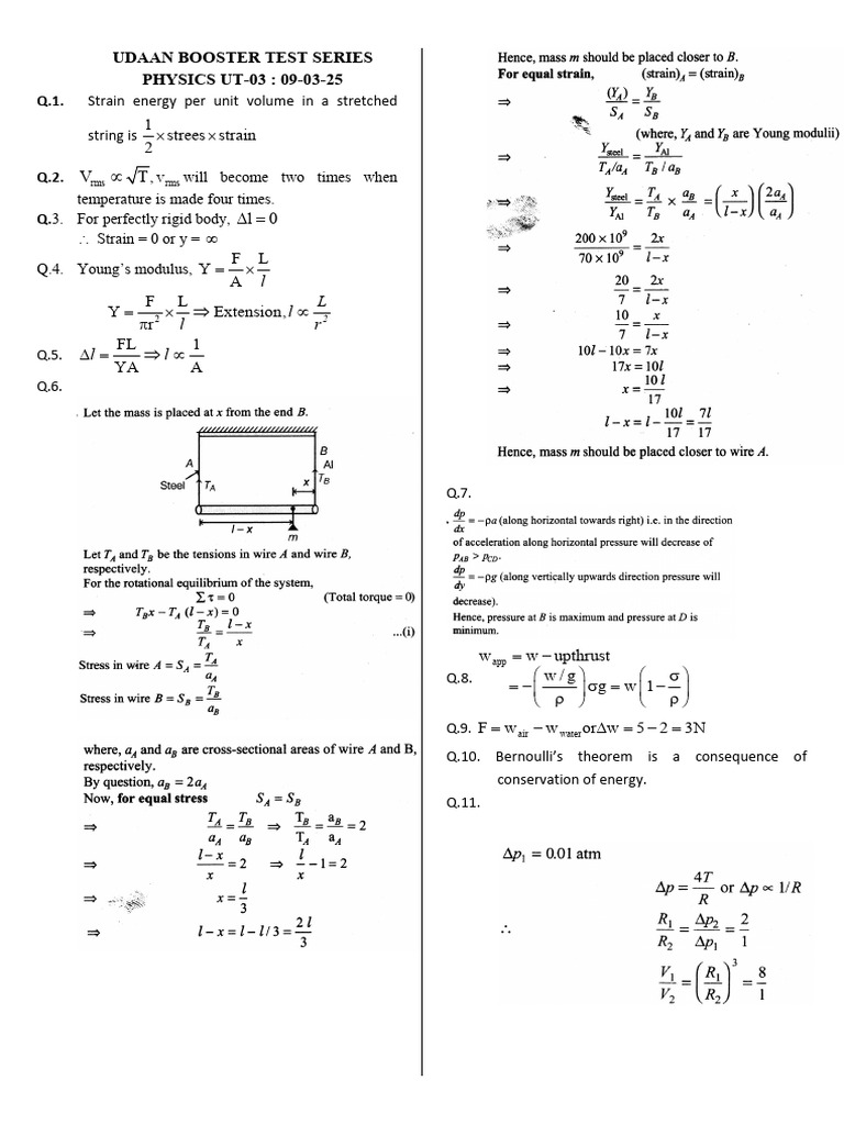 Ut-03 12TH BTS Physics Answerkey & Solution 09-03-25 | PDF | Physical Quantities | Classical ...