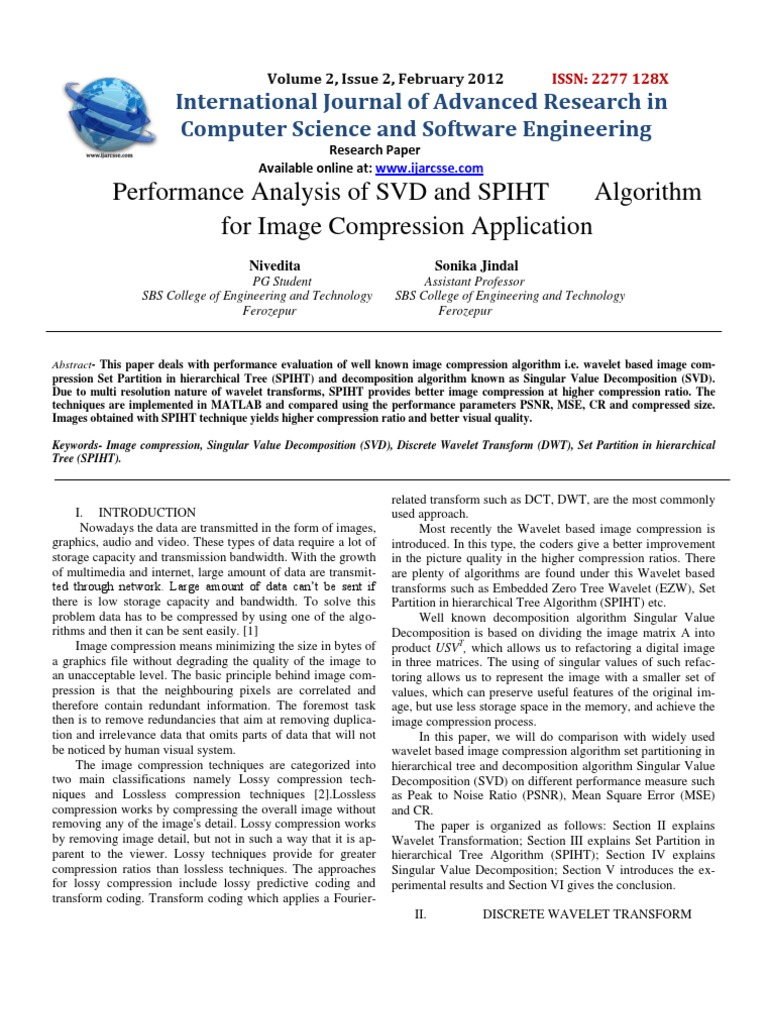 Performance Analysis of SVD and SPIHT Algorithm For Image Compression Application | PDF | Data ...