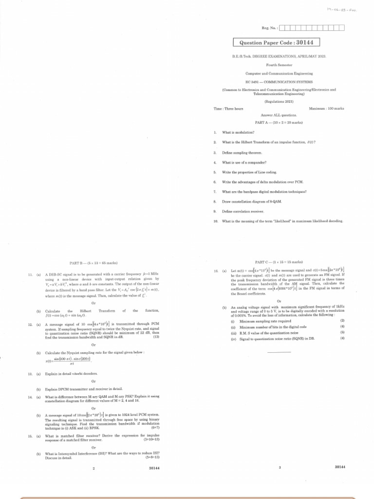 Communication Systems - EC3491 2021 Regulation - Question Paper 2023 April May | PDF ...