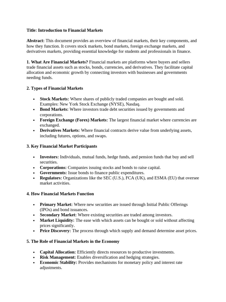 Introduction To Financial Markets | PDF | Financial Markets | Market ...