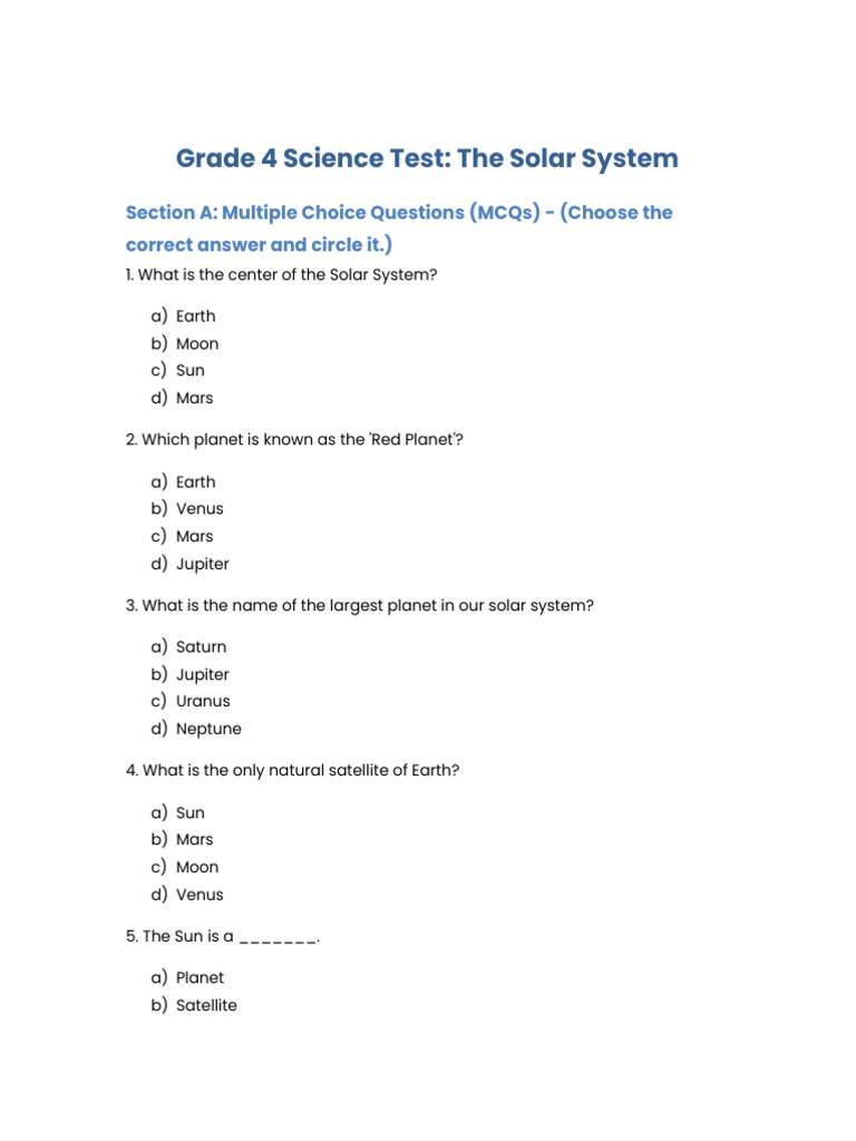 Grade 4 Solar System Science Test | PDF | Planets | Natural Satellite