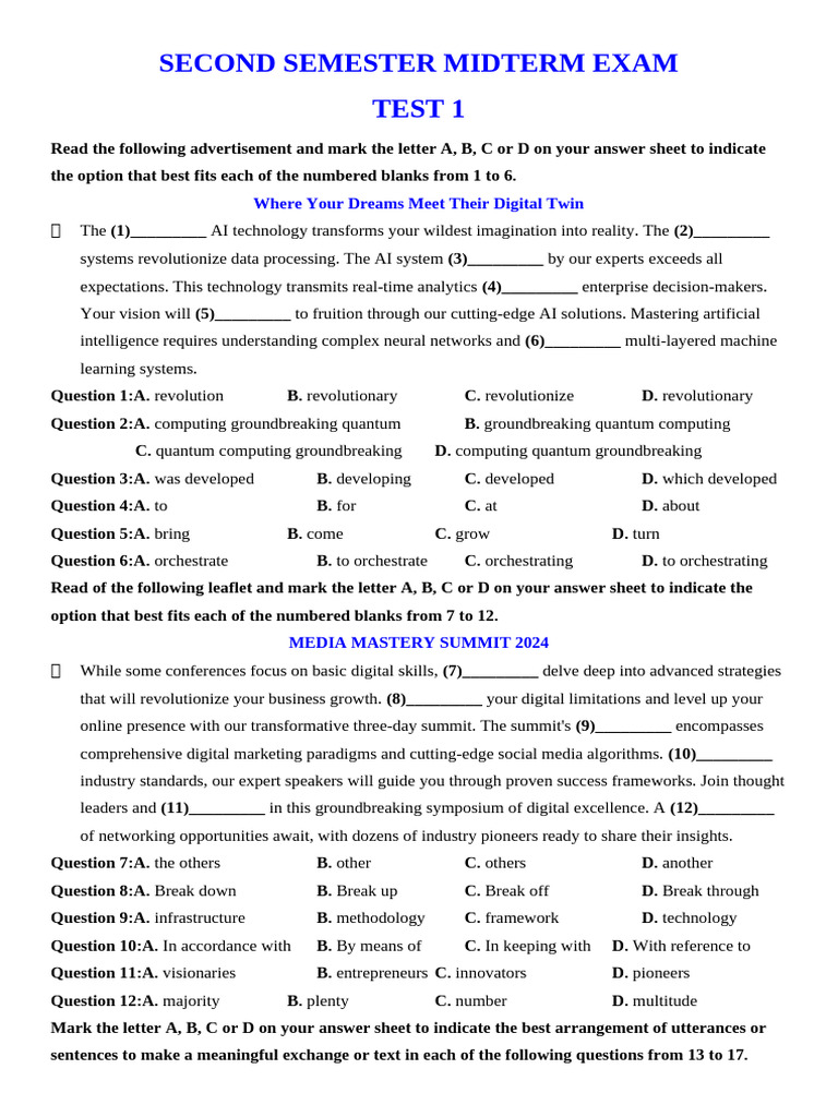 Second Semester Midterm Exam GRADE 12 Test 1 | PDF | Artificial ...