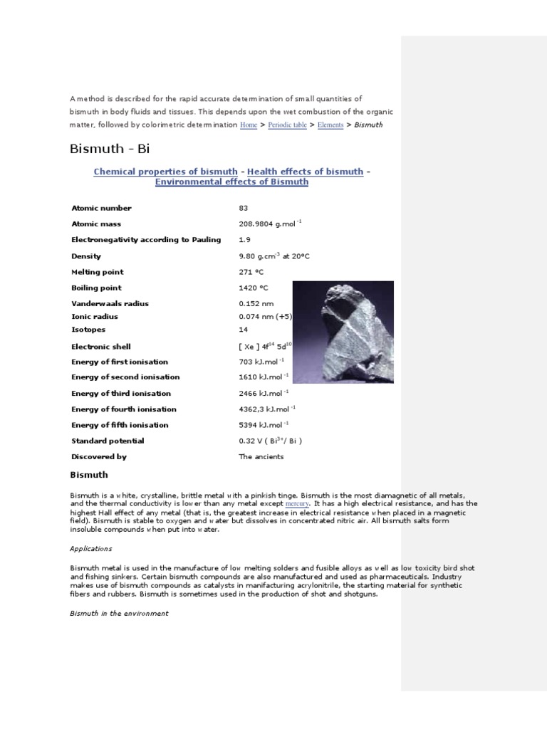 Bismuth - Bi: Chemical Properties of Bismuth Health Effects of Bismuth ...