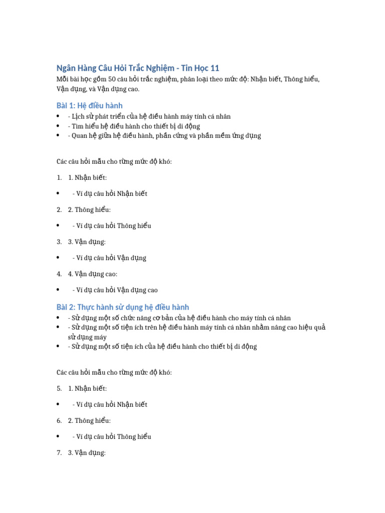 De Cau Hoi Trac Nghiem Tin Hoc 11 KNTT | PDF