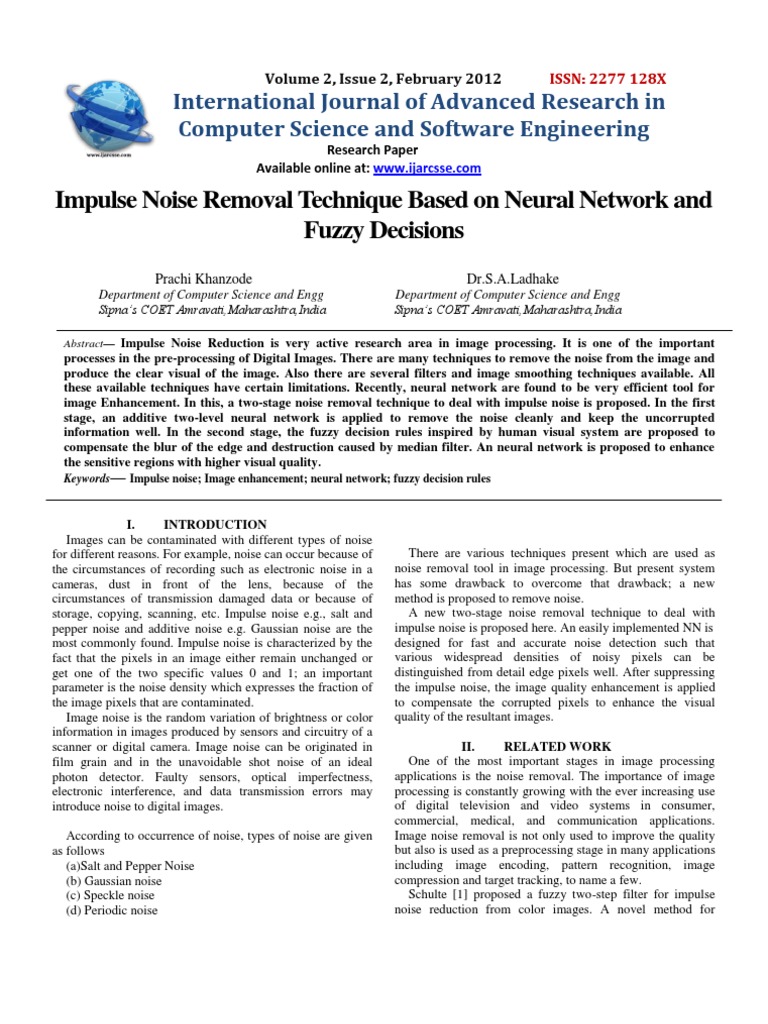 Impulse Noise Removal Technique Based On Neural Network and Fuzzy Decisions | PDF | Median ...