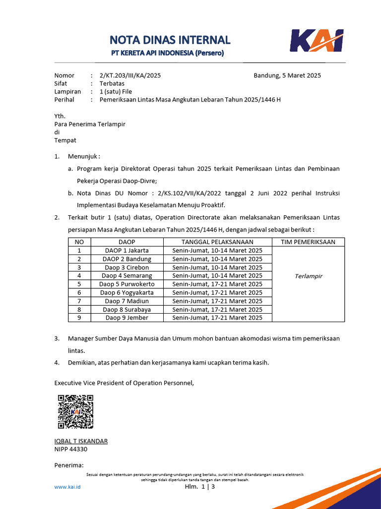Nota Dinas Internal: PT Kereta Api Indonesia (Persero) | PDF ...