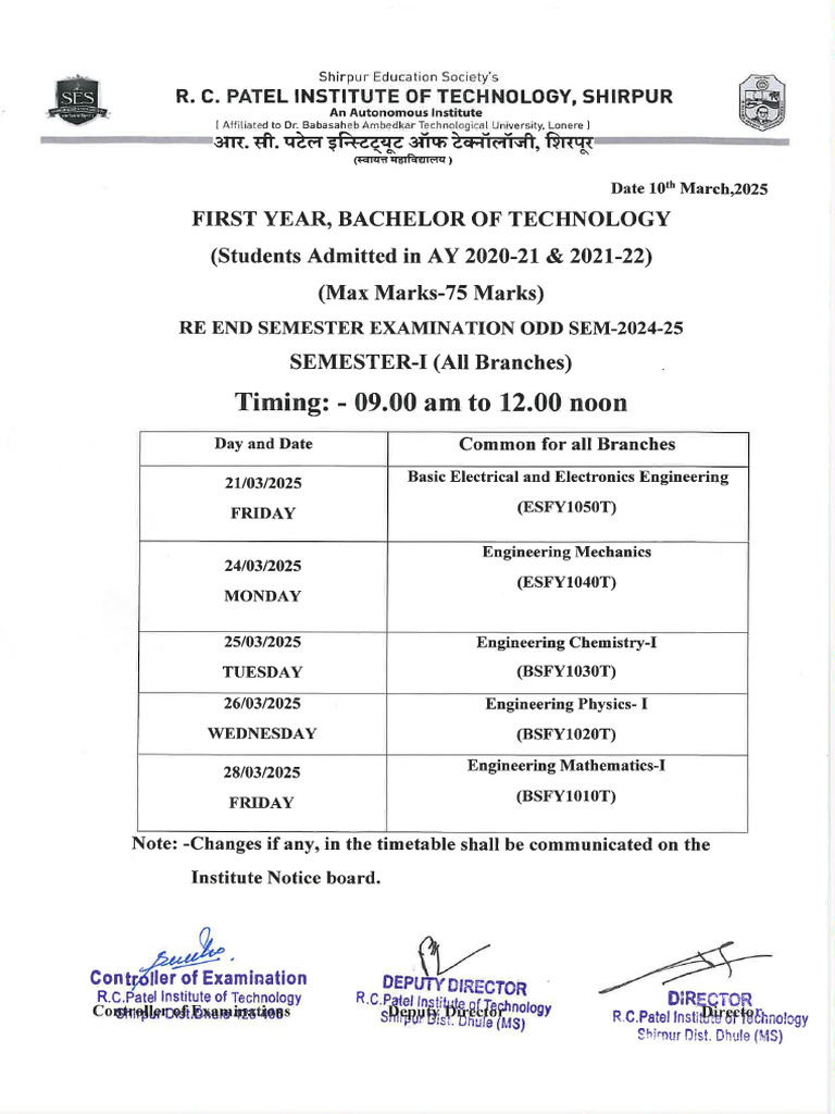 3.re-Ese Odd 2025 Fy Sem-I (75 Marks) Time Table | PDF