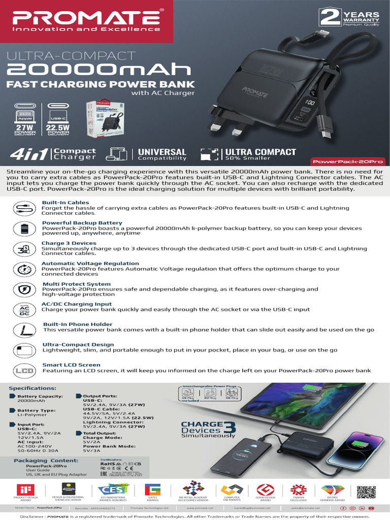 Promate PowerPack-20Pro-Datasheet-1671023581315 | PDF | Battery Charger ...