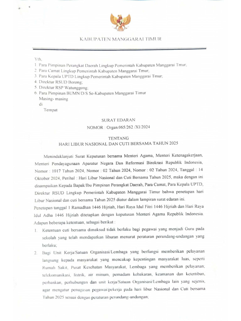 Surat Edaran Hari Libur Nasional Dan Cuti Bersama Tahun 2025 | PDF