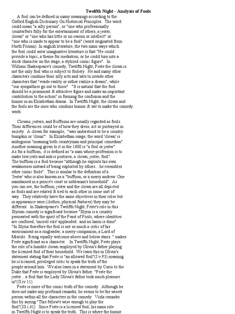 Twelfth Night - Analysis of Fools | Download Free PDF | Twelfth Night ...
