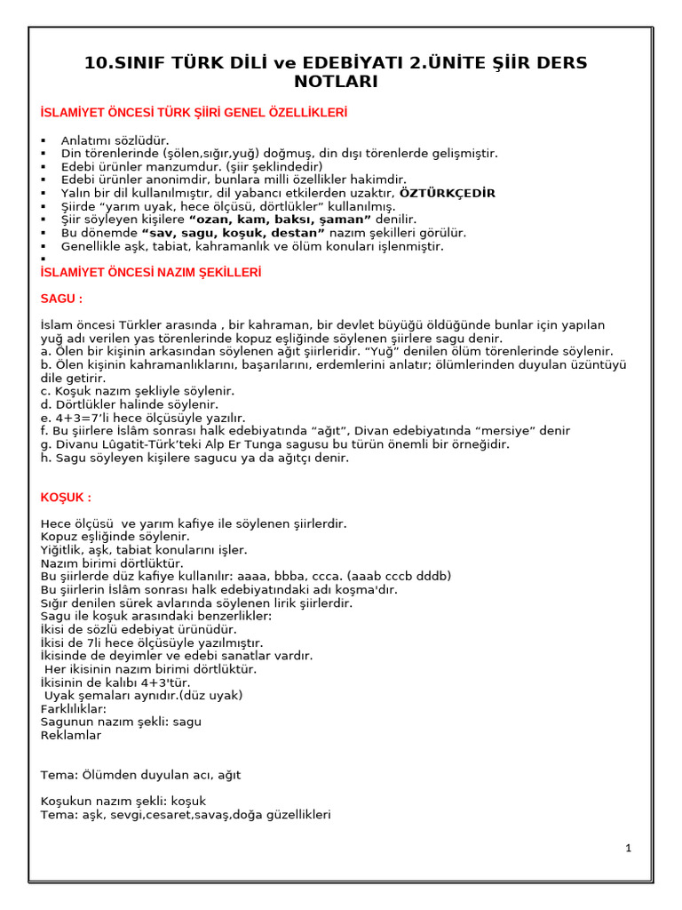 10.SINIF TÜRK DİLİ ve EDEBİYATI 2.ÜNİTE ŞİİR DERS NOTLARI (2) | PDF
