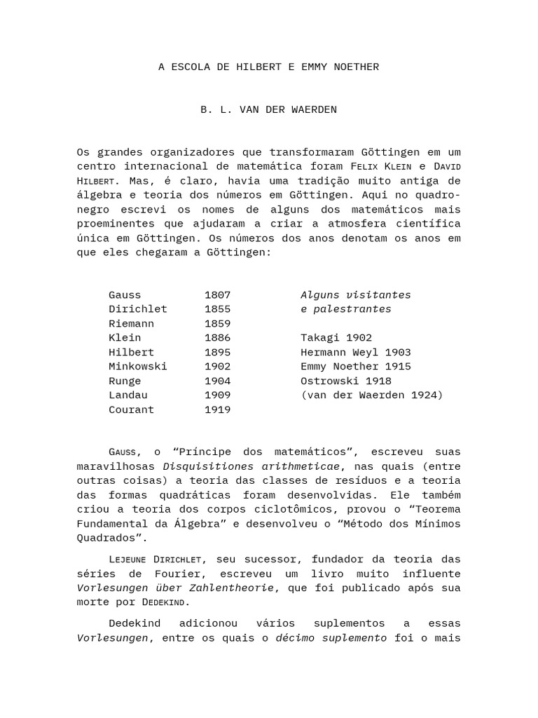 Waerden A Escola de Hilbert e Noether | PDF | Matemática | Albert Einstein