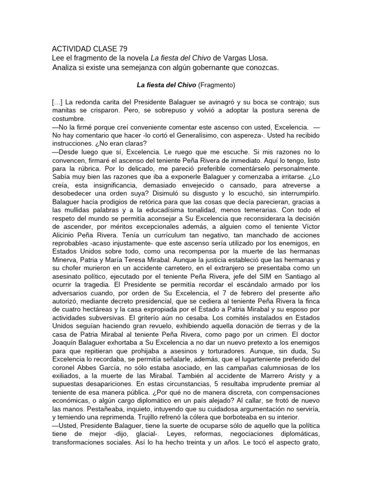 Actividad Clase 79 Lee El Fragmento de La Novela de Vargas Llosa ...