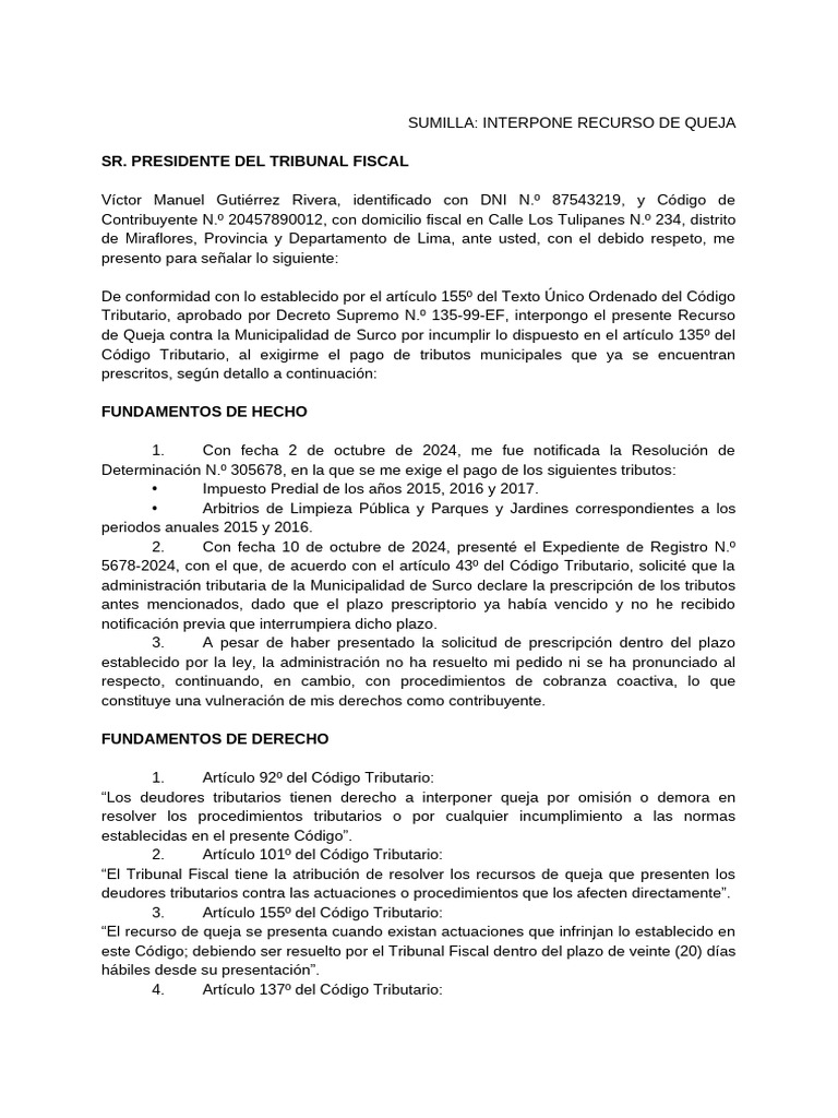 recurso de queja | PDF | Estatuto de limitaciones | Gobierno