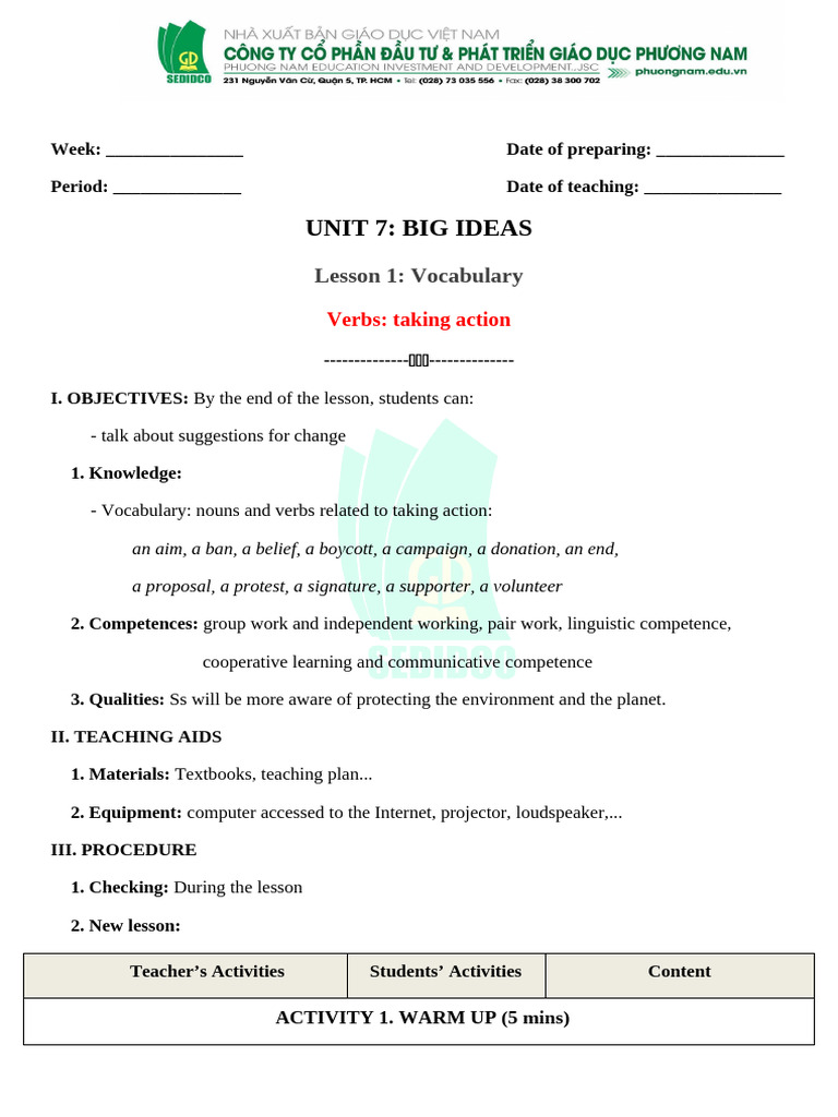 Unit 7 - Tiếng Anh 8 Friends Plus - Kế Hoạch Bài Dạy 2 | PDF ...
